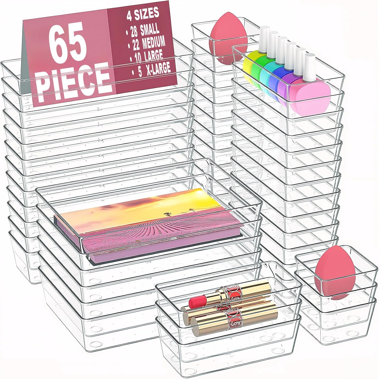 Amazon.com: Drawer Organizers Set of 65, 4 Sizes Clear Plastic Drawer ...
