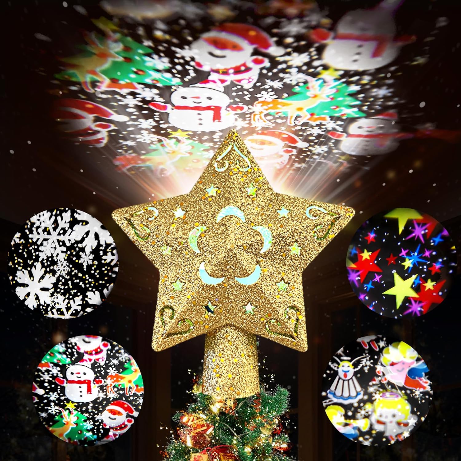 Amazon.com: Christmas Tree Topper Projector Gold 3D Star Tree Rotating ...