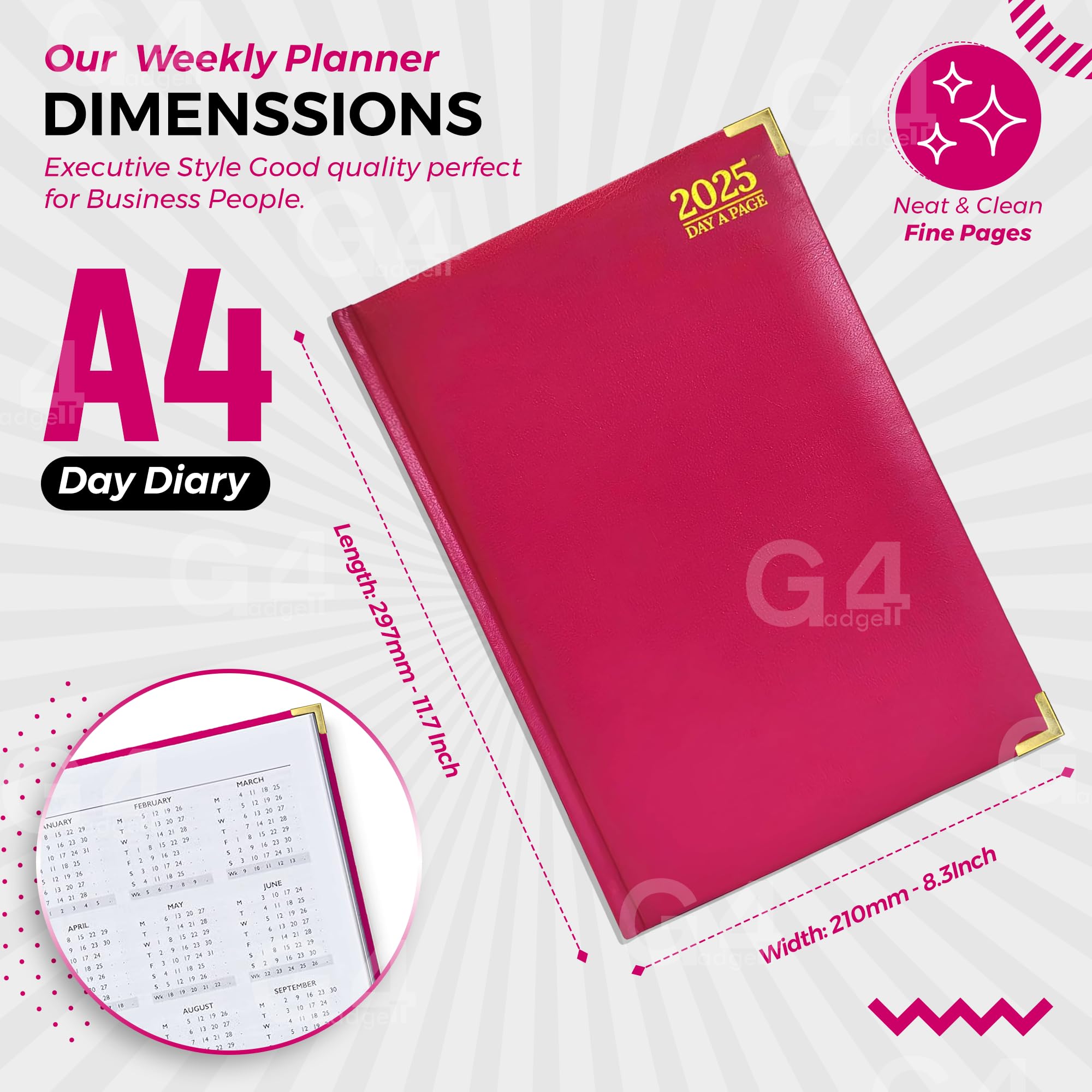 G4GADGET Luxury 2025 A4 Pink Day A Page Diary Padded Front & Hardback ...