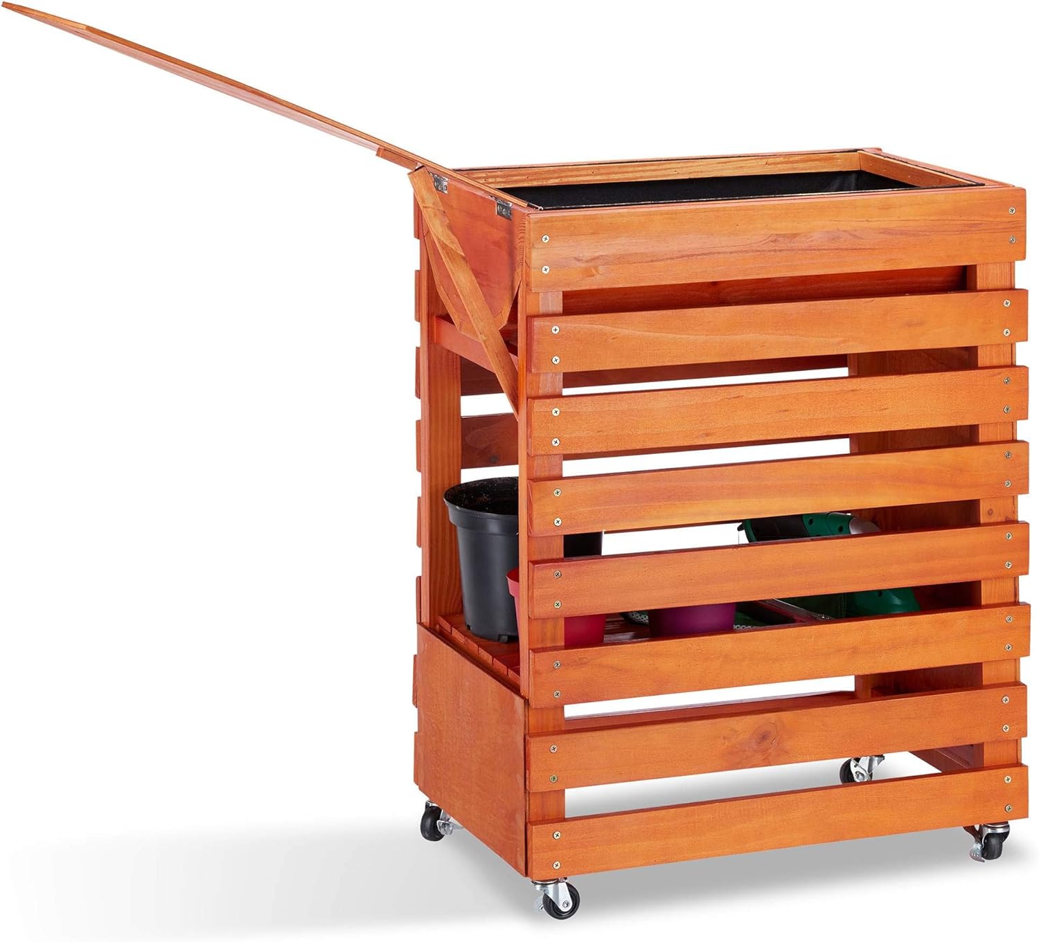 Relaxdays Hochbeet aus Holz, mit Rollen, Ablage, Pflanzkasten Balkon ...