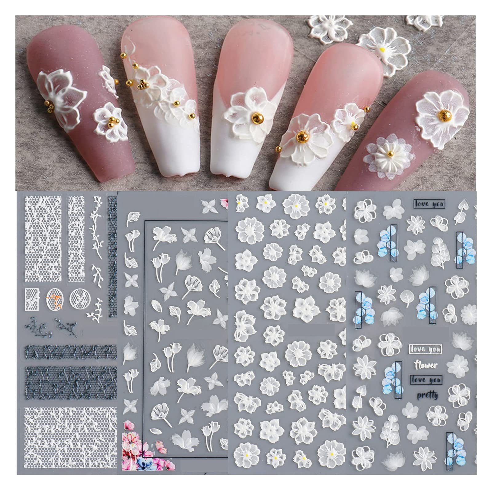 4 Sheets 5D Relief Lace Flowers Nail Stickers Decals,Self-Adhesive ...