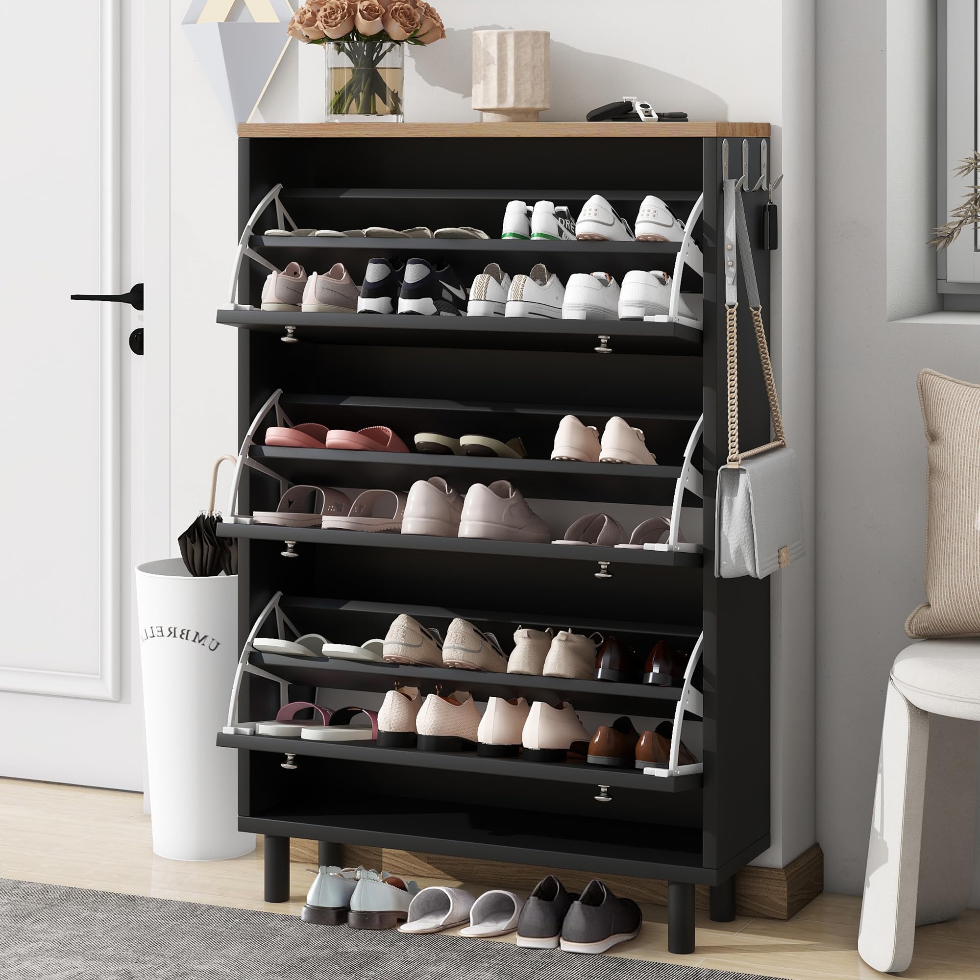 Shoe Cabinet for Entryway,with 3 Flip Drawers,3 Hooks and Adjustable ...