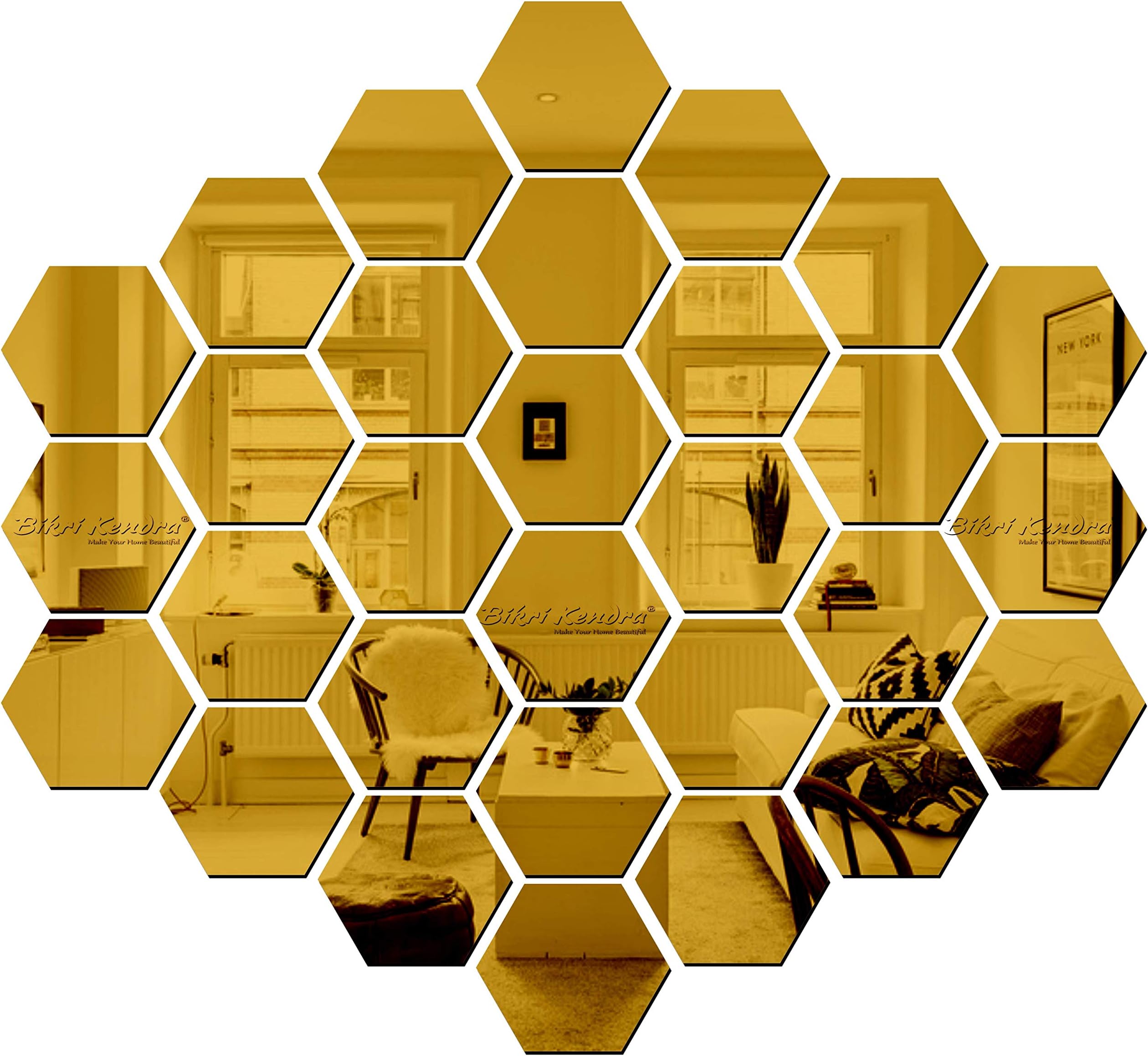 Bikri Kendra Glass-Hexagon 24 Golden Mirror Stickers For Wall,Acrylic ...