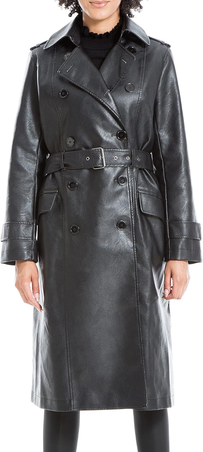 Amazon.com: Max Studio Women's Leatherette Long Trench Coat, Black ...