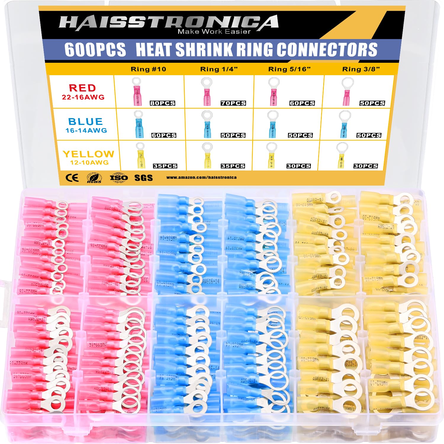 Snapklik.com : Haisstronica 600PCS Heat Shrink Ring Connectors,AWG 22 ...