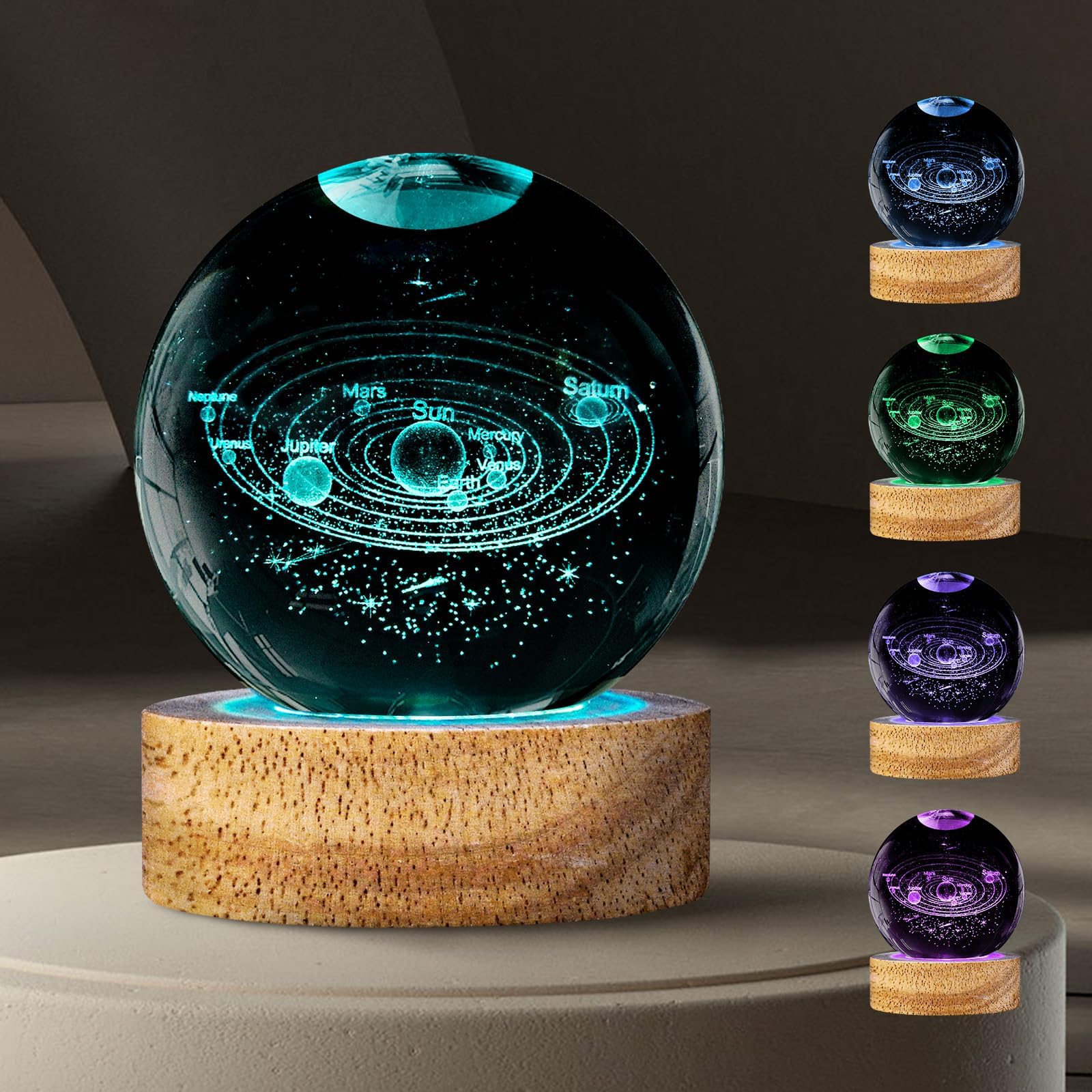 3D Crystal Ball with Solar System model and LED lamp Base, Clear 80mm ...