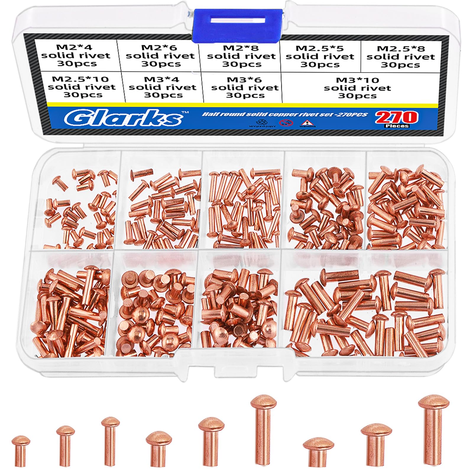 Glarks 270Pcs M2 M2.5 M3 Round Head Solid Rivets, 9 Size Metal Copper ...