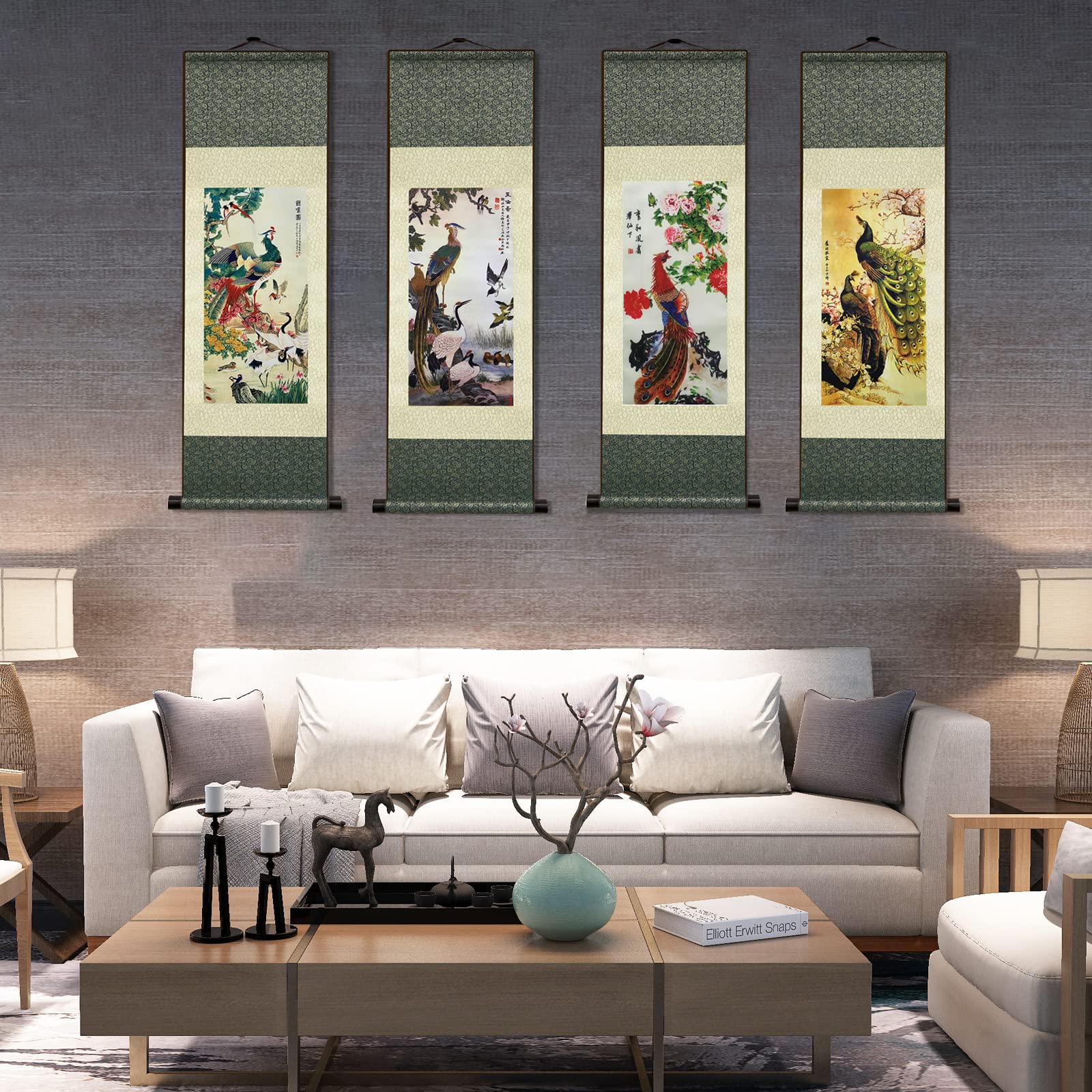 Valart Silk Scroll Painting Asian Wall Decor 4 Pack Birds – Phoenix ...