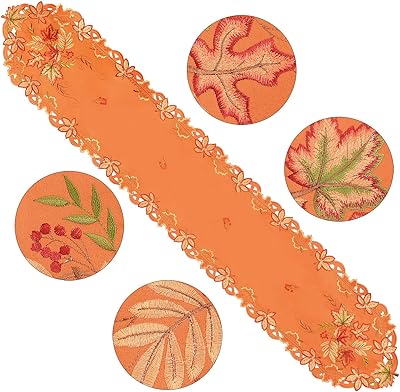 Fall Harvest Table Runner 13"x70", Cutwork Applique Embroidered Leaves ...