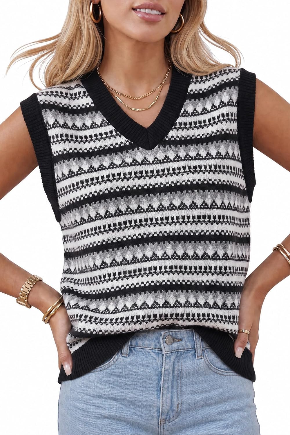 Arach&Cloz Women's Wool Blend Knit V Neck Loose Sleeveless Pullover ...