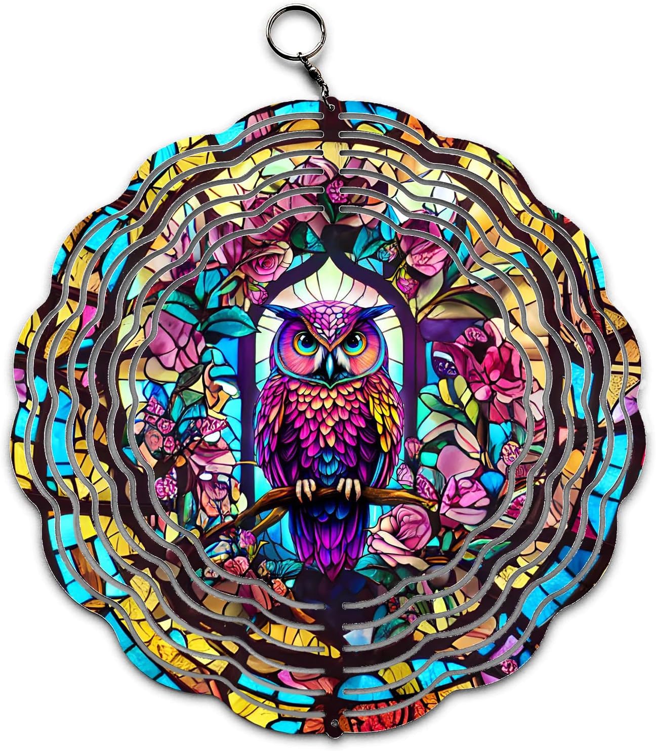 Amazon.com: Colorful Stained Glass Windows Owl Design Wind Spinner Art ...
