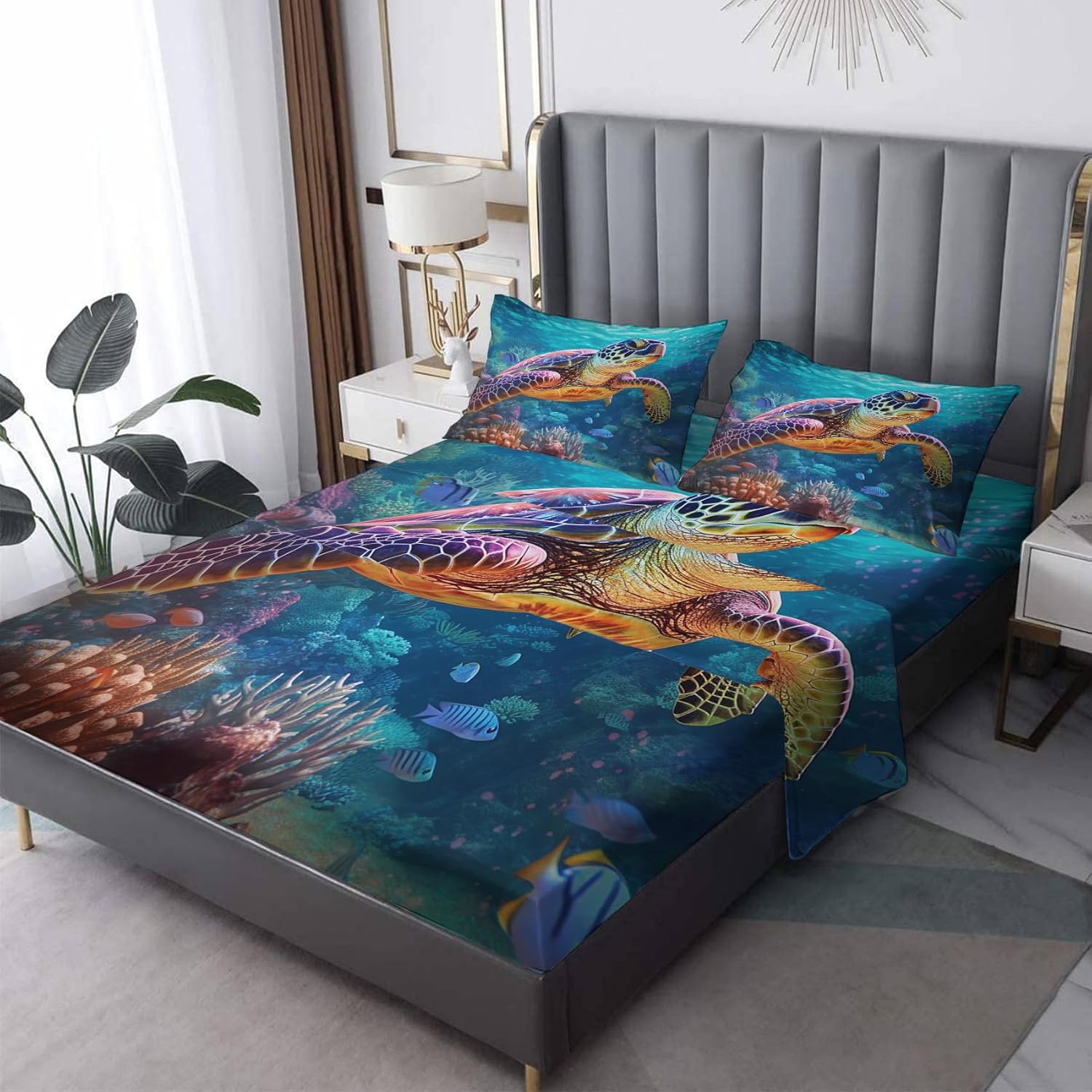 Amazon.com: Sea Turtle Sheets Queen Sheet Set - Underwater Bed Sheets ...
