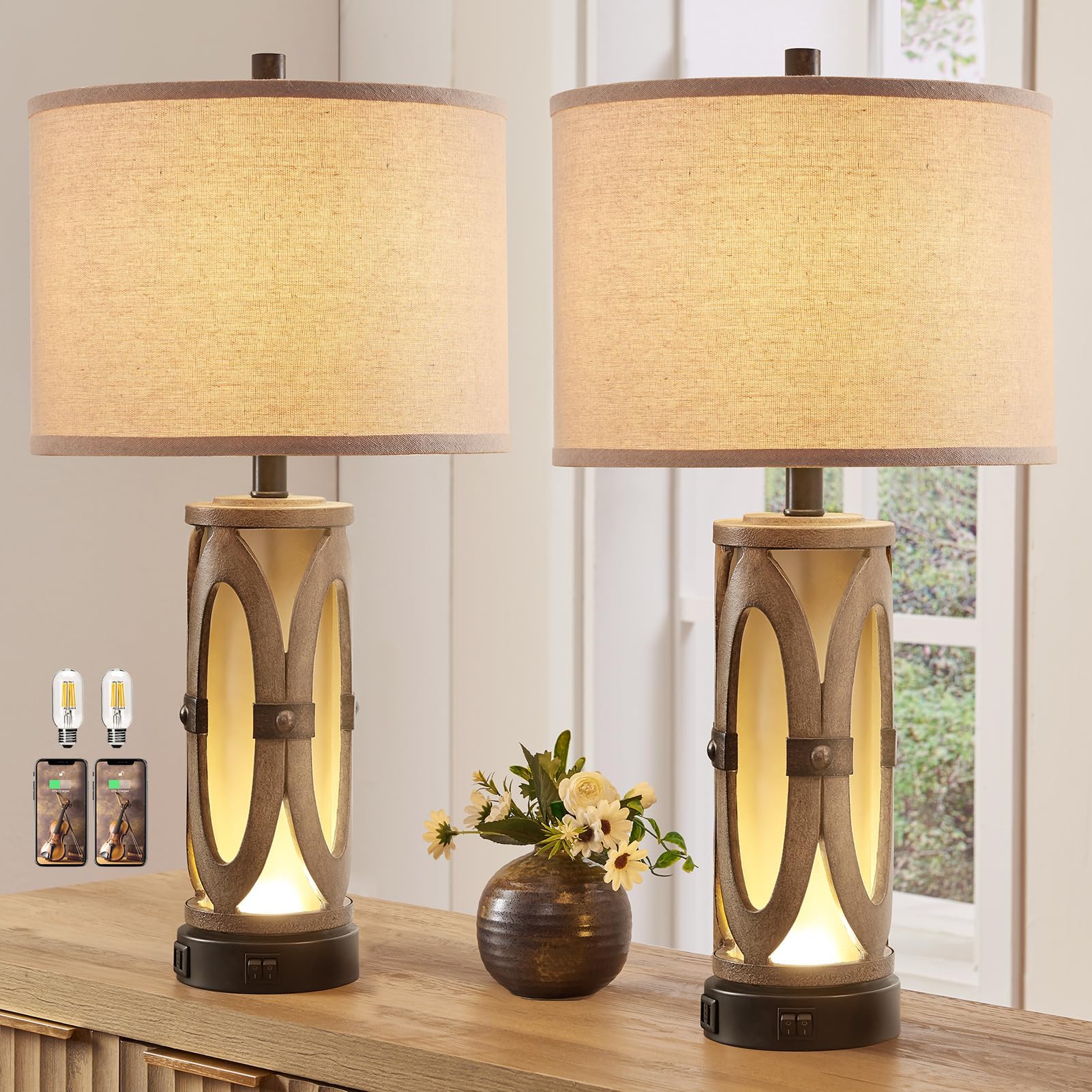 AIEAMPDO Table Lamps Set of 2 for Living Room, Rustic Farmhouse Bedroom ...