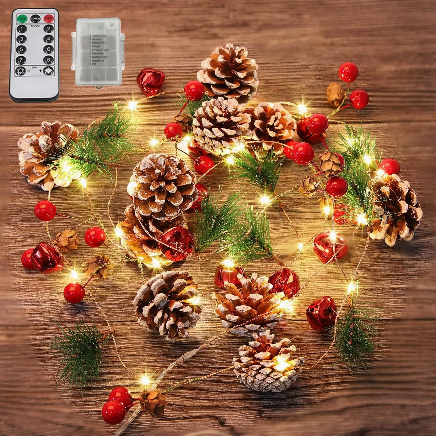 Amazon.com: KITCADA Christmas Garland with Lights,Red Berry Pine Cone ...