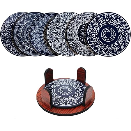 Clawcrafts Set of 6 Wooden Blue Coasters with Tray, Unique Designs ...