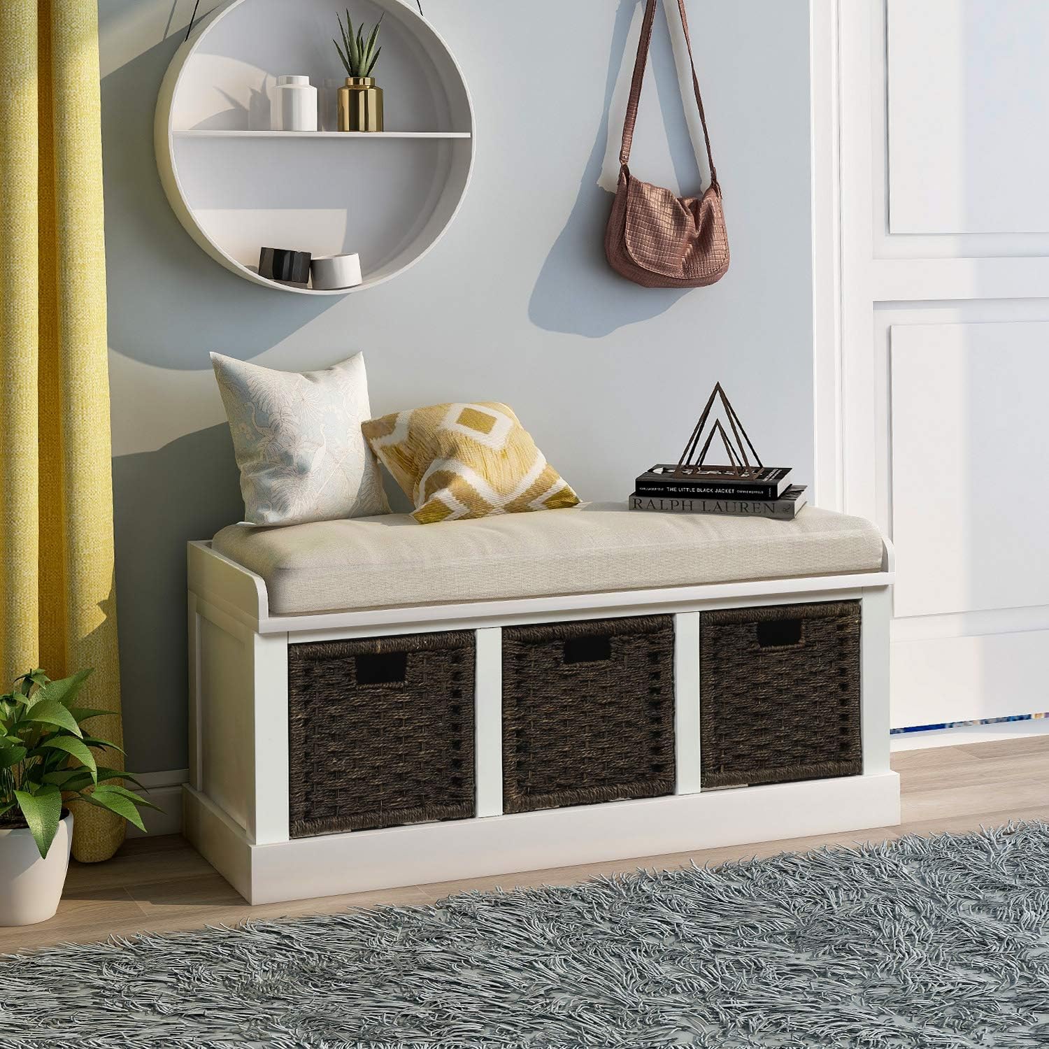 Amazon.com: Knocbel Entryway Storage Bench with 3 Woven Baskets and ...