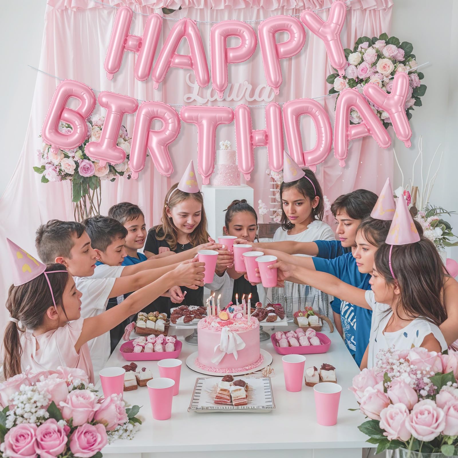 Snapklik.com : Pink Happy Birthday Balloon Banner, 16 Inch Pastel Pearl ...