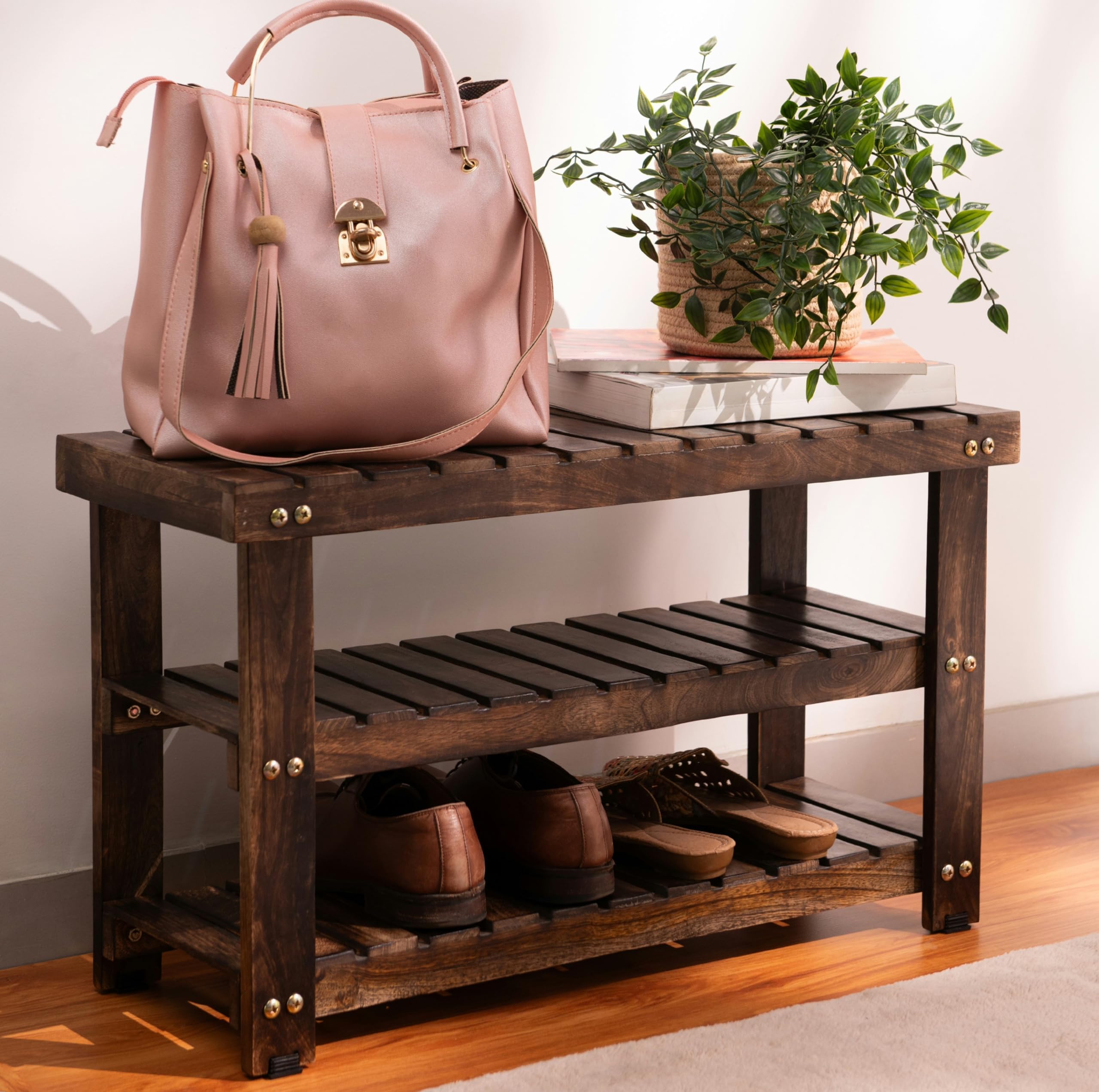 UHUD CRAFTS Shoe Rack Bench, 3-Tier Engineered Wood Shoe Organizer ...