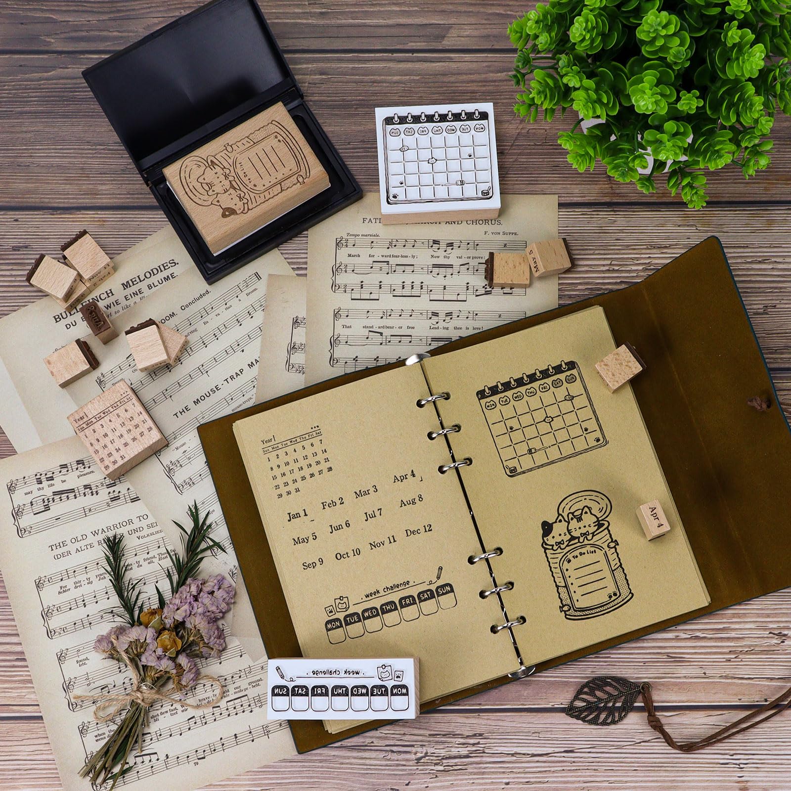 Snapklik.com : 17PCS Wooden Journal Stamps w/Ink Pad, Decorative Rubber ...