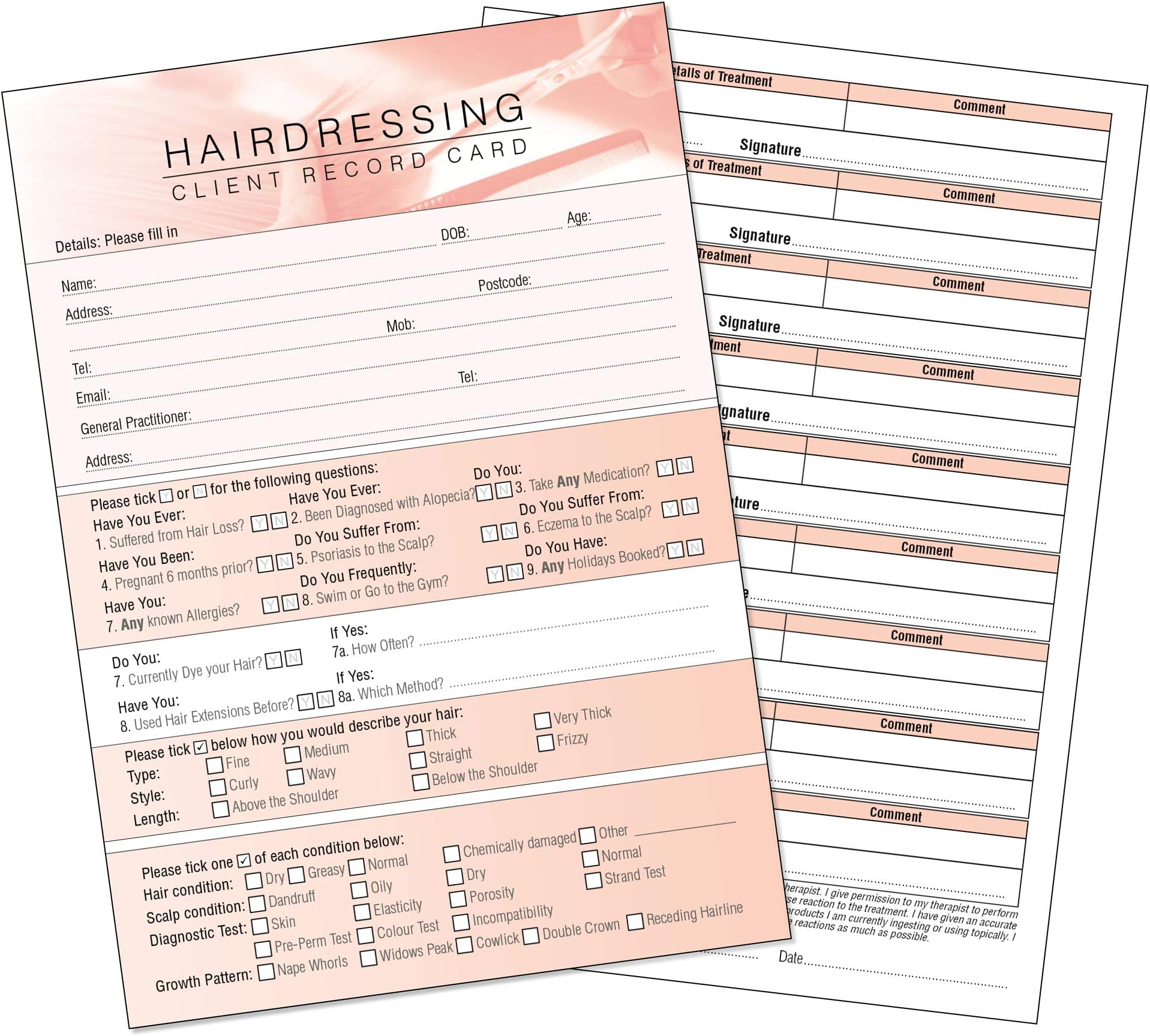 Hairdressing Client Record Card - Treatment Consultation Form for ...