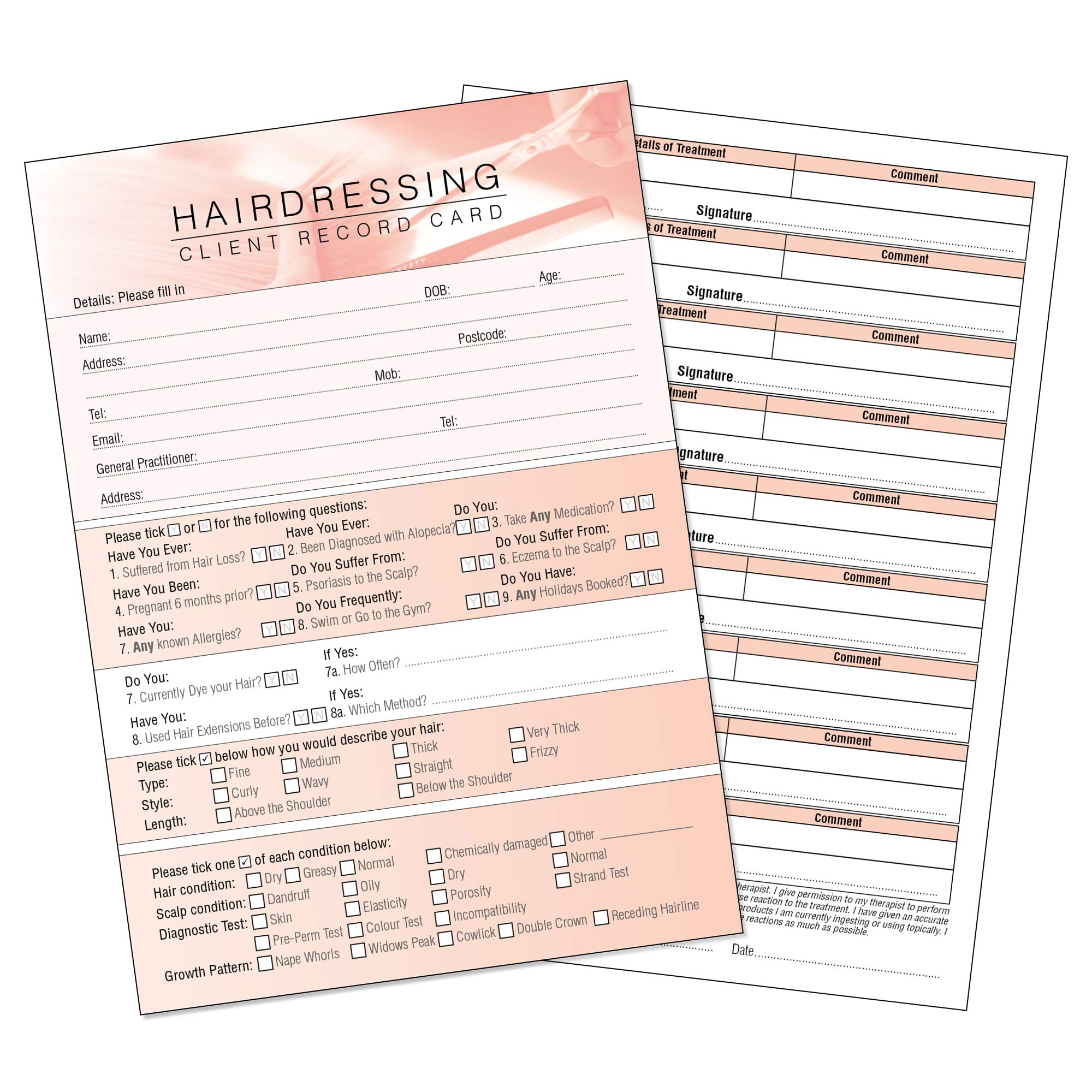 Hairdressing Client Record Card - Treatment Consultation Form for ...