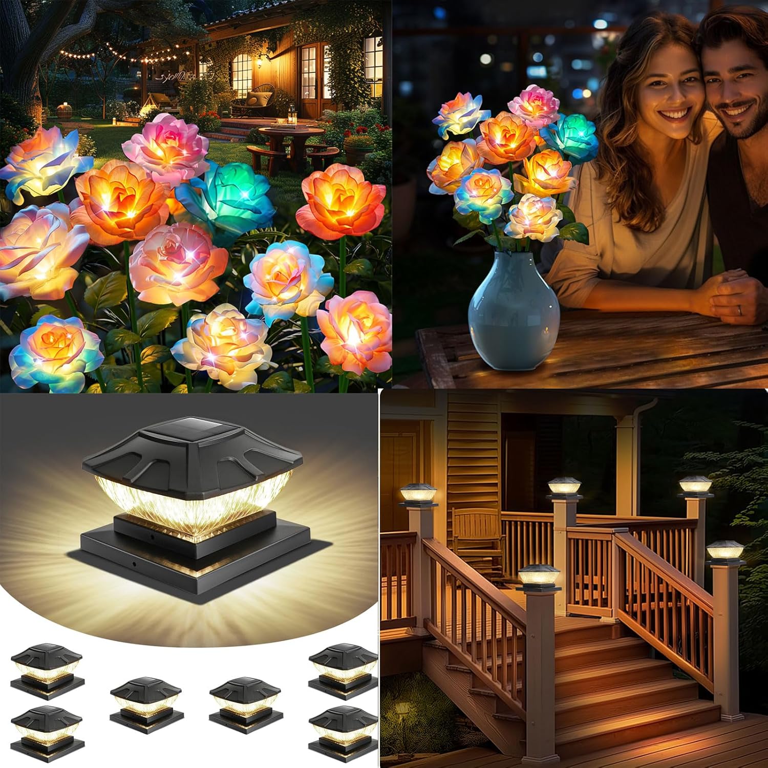 Amazon.com : NESSTU 4 Pack Solar Rose Flowers Lights+6 Pack Fence Post ...
