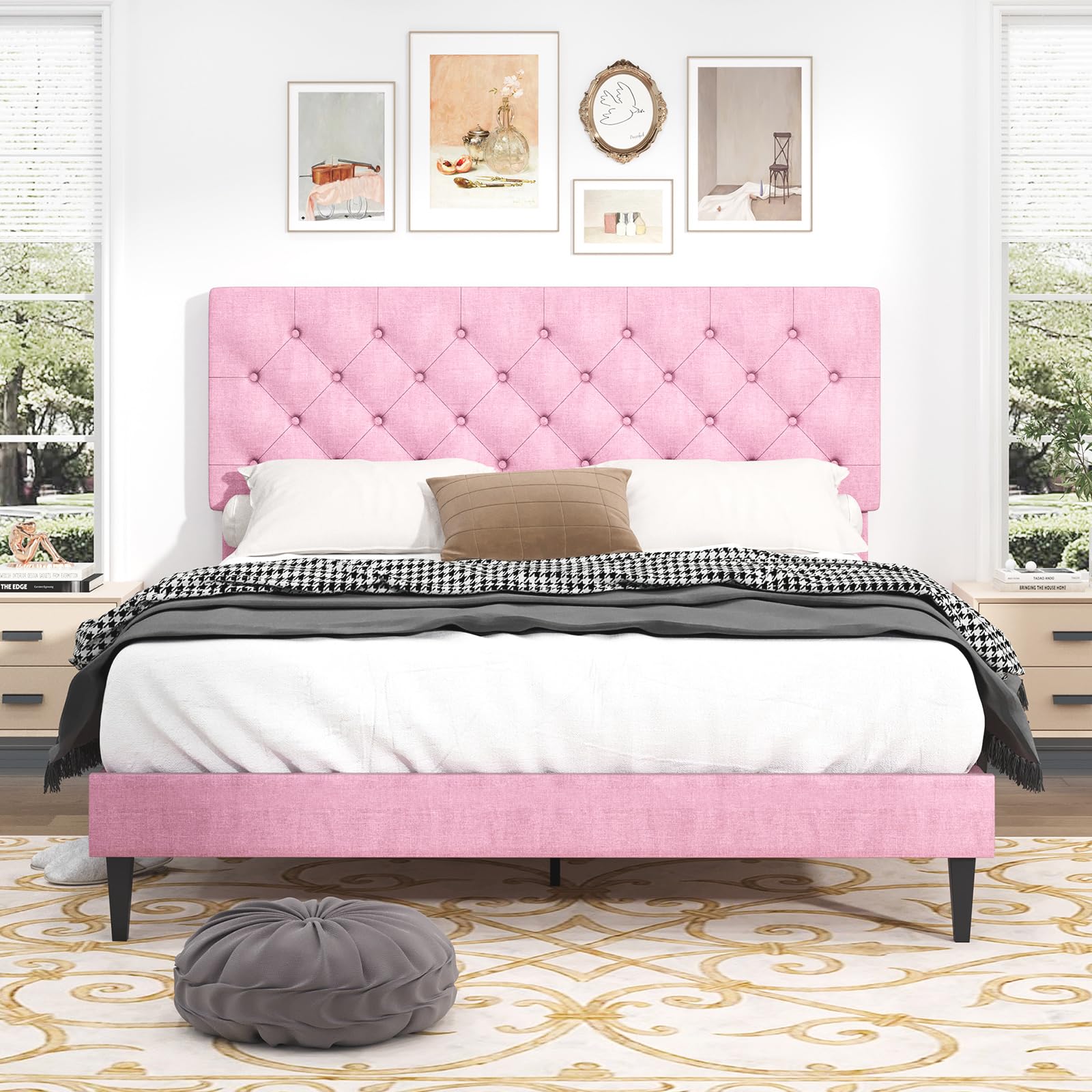 Amazon.com - Pink Queen Bed Frame with Button Tufted Headboard, Linen ...