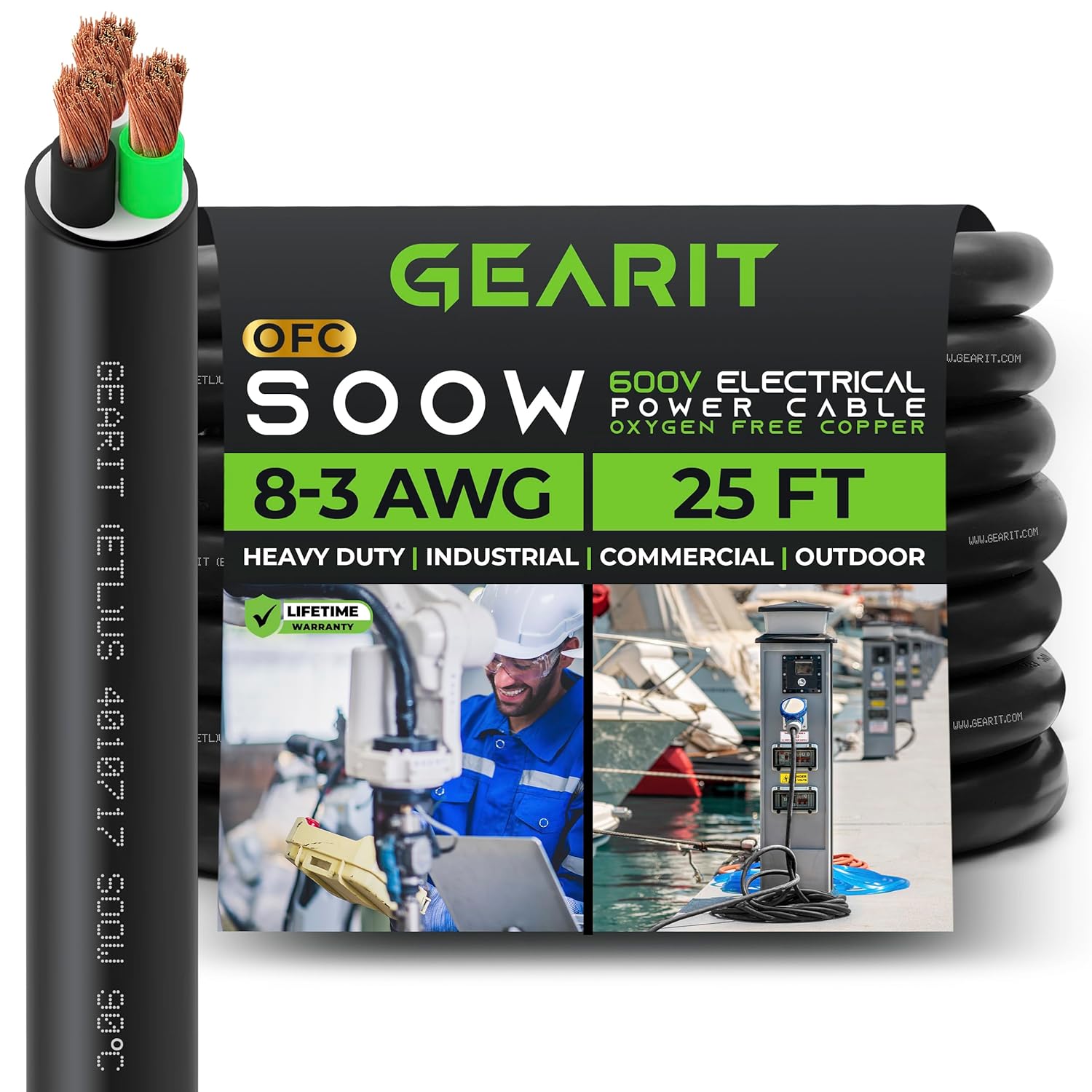 GearIT 8/3 8 AWG Portable Power Cable (25 Feet - 3 Conductor) SOOW 600V ...