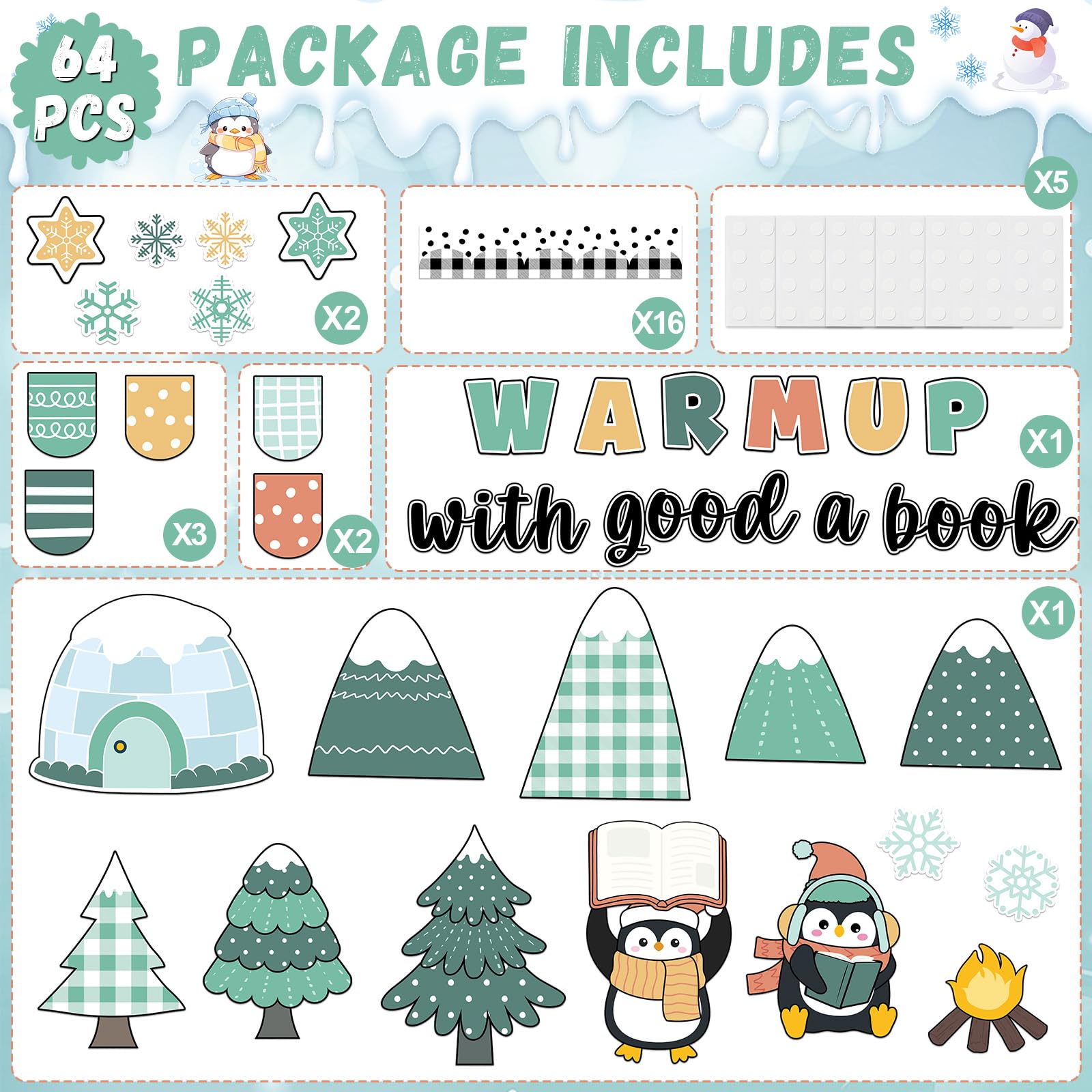 Snapklik.com : 64Pcs Winter Reading Bulletin Board Decoration Set Warm Up