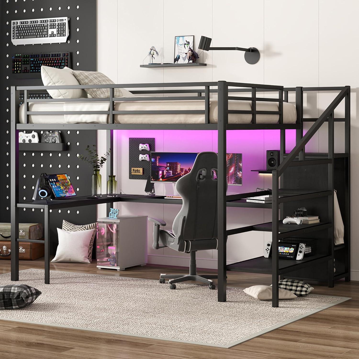 Amazon.com: XUWANSHANG Queen Size Loft Bed with Desk and Wardrobe ...