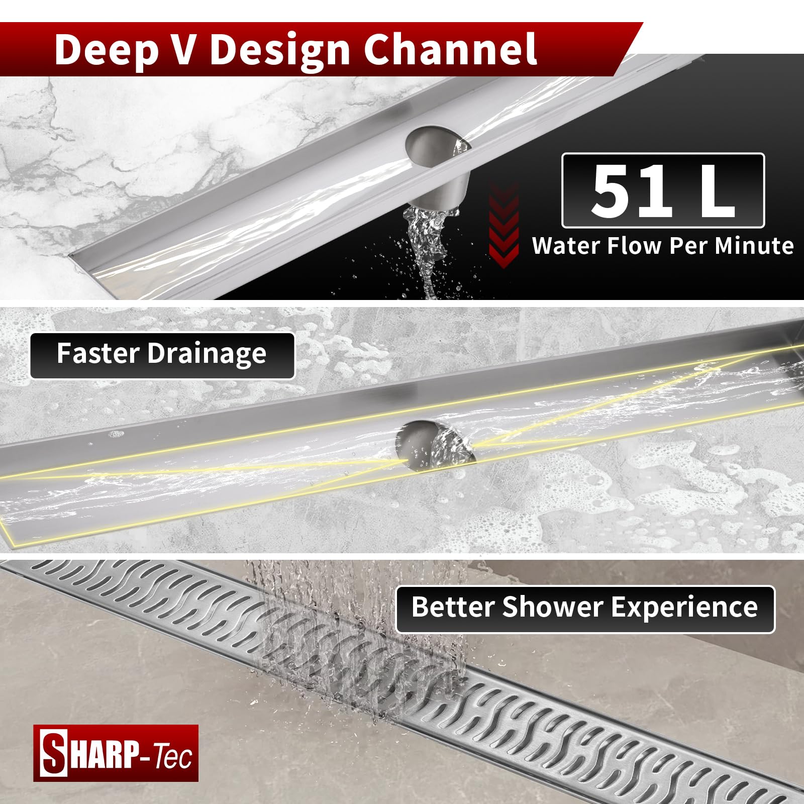 Sharp-tec 28 inch Linear Shower Drain, Brushed Rectangular Floor Drain ...