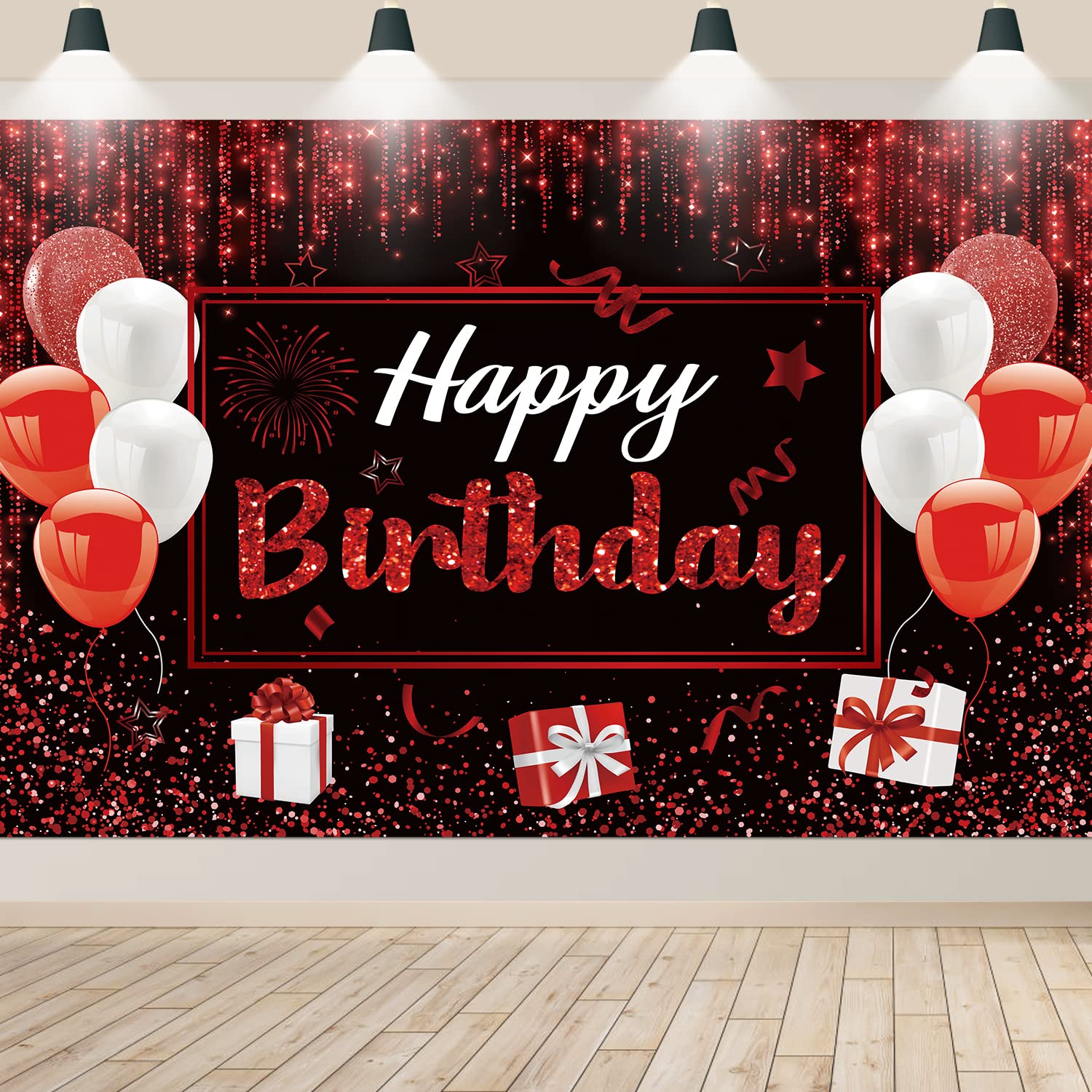 Happy Birthday Backdrop Banner, Black Red Glitter Birthday Party ...