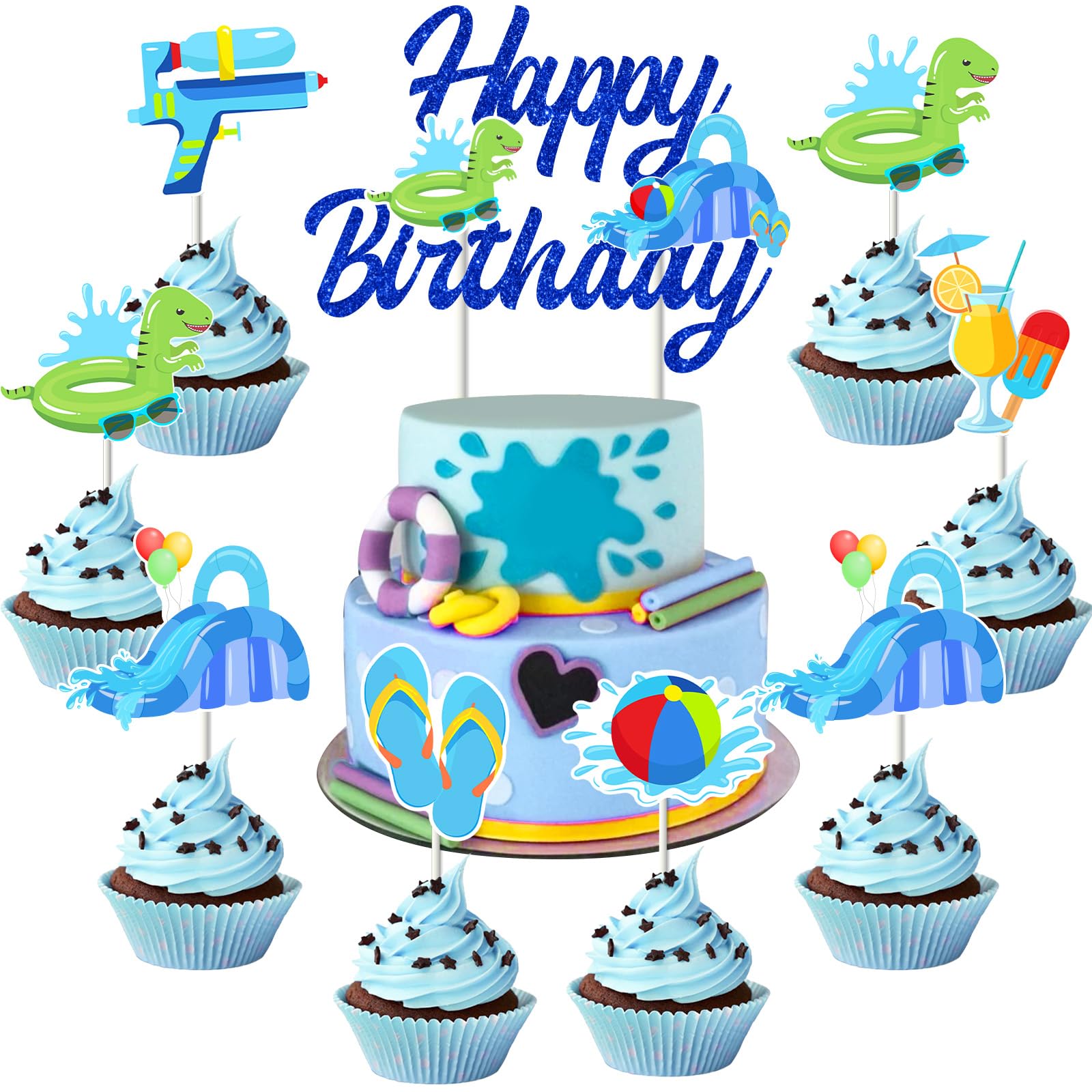 Amazon.com: Wonmelody Water Slide Birthday Decors Cupcake Toppers Table ...