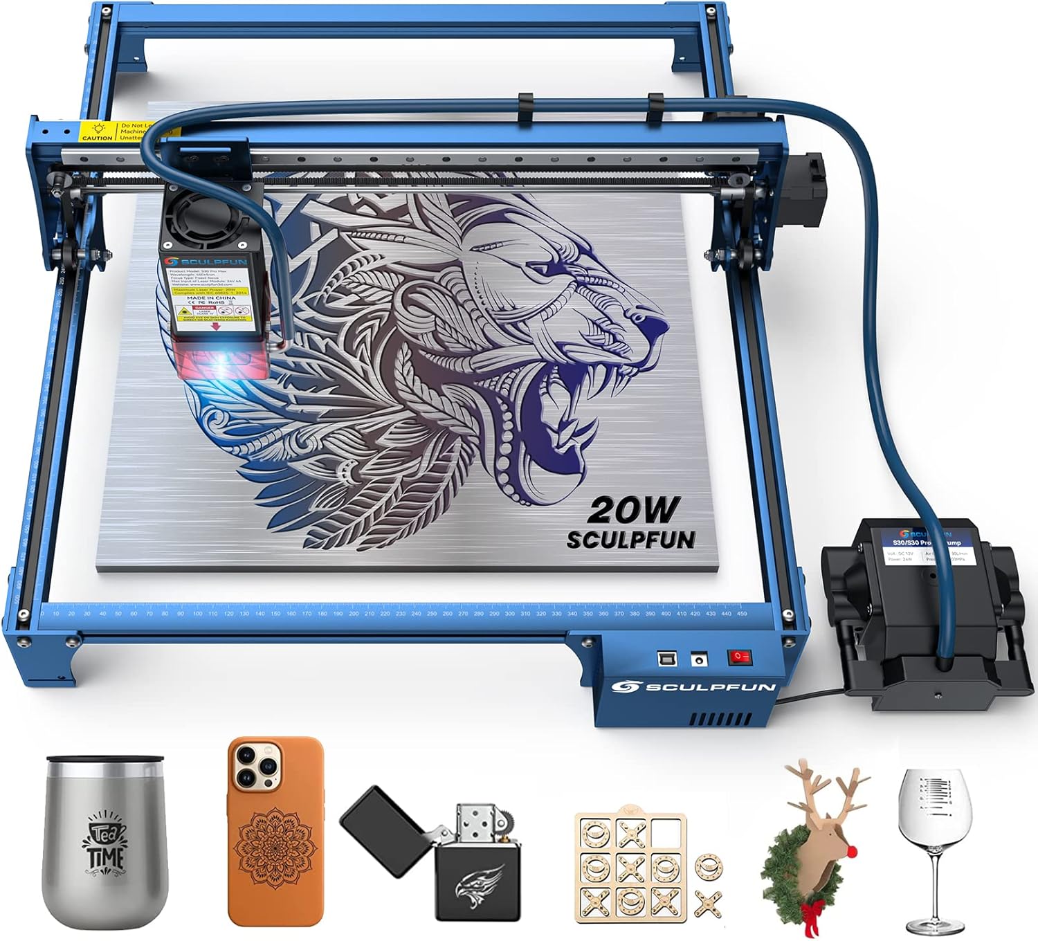 SCULPFUN S30 PRO MAX Grabador Láser con Asistencia de Aire, 20W Cortador Láser 0.06 * 0.06mm ...