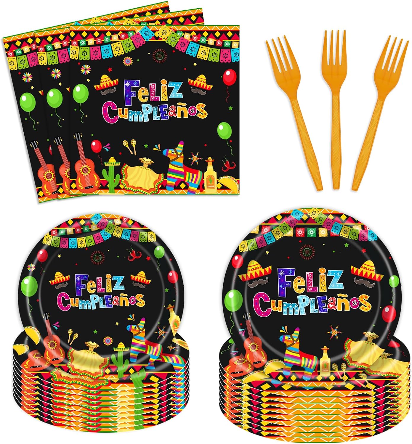 Amazon.com: 96 Pcs Feliz Cumpleaños Party Supplies Mexican Fiesta Happy ...