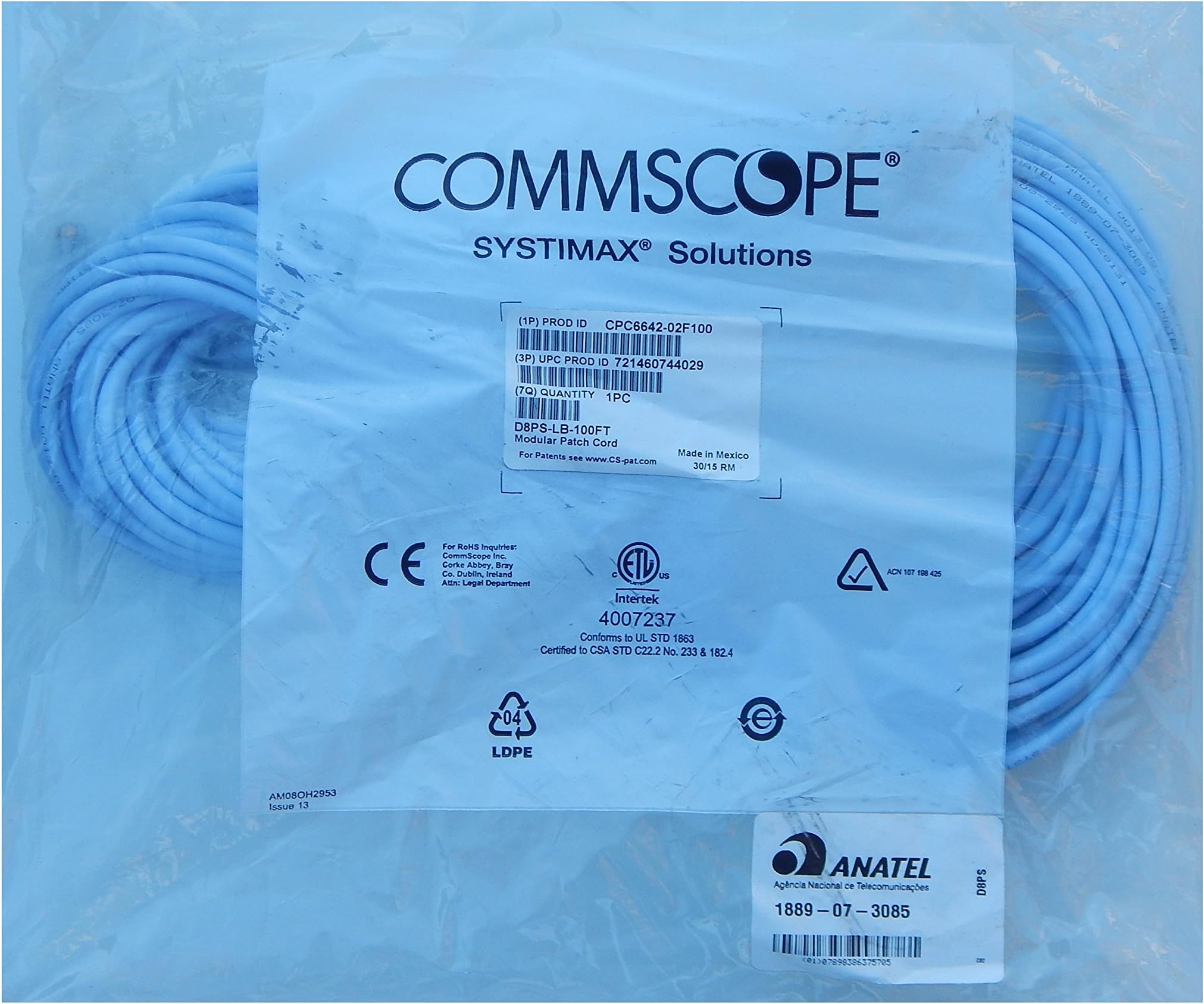 Amazon.com: Commscope systimax Anatel Patch Cable 100' CPC6642-02F100 ...