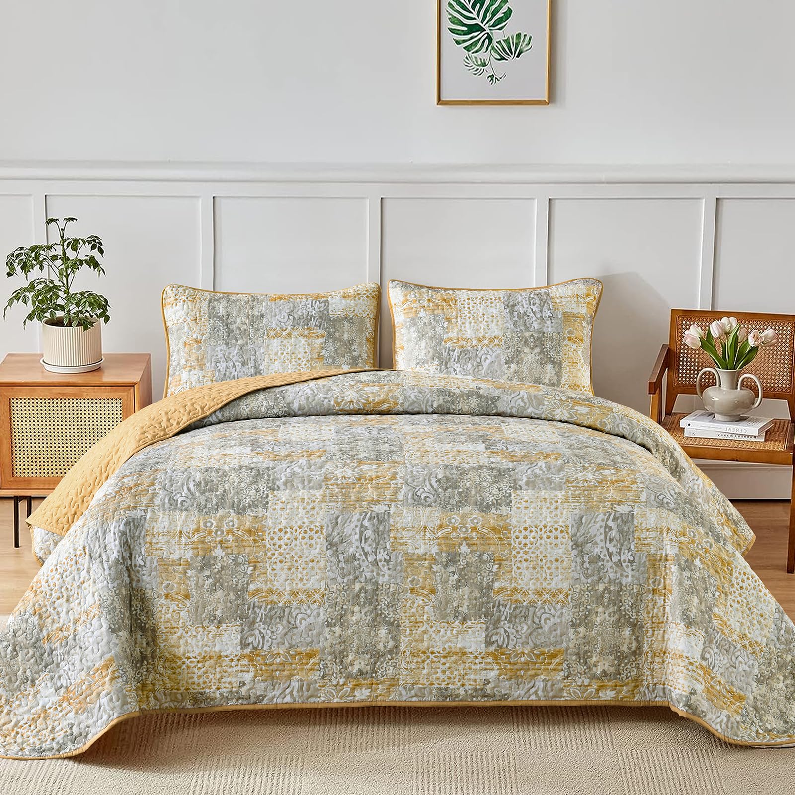 Yellow Boho Quilt Set Queen Size 3 Pieces Grey and Yellow Plaid Floral ...