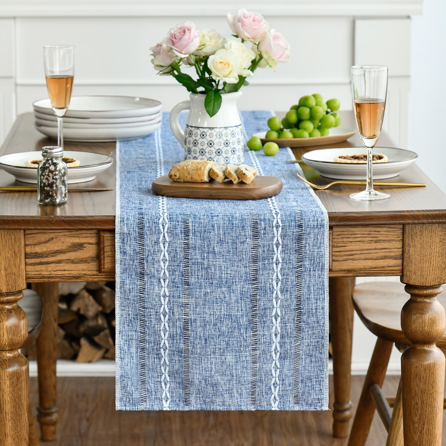 Amazon.com: Artoid Mode Blue Rustic Cotton Linen Table Runner, Seasonal ...