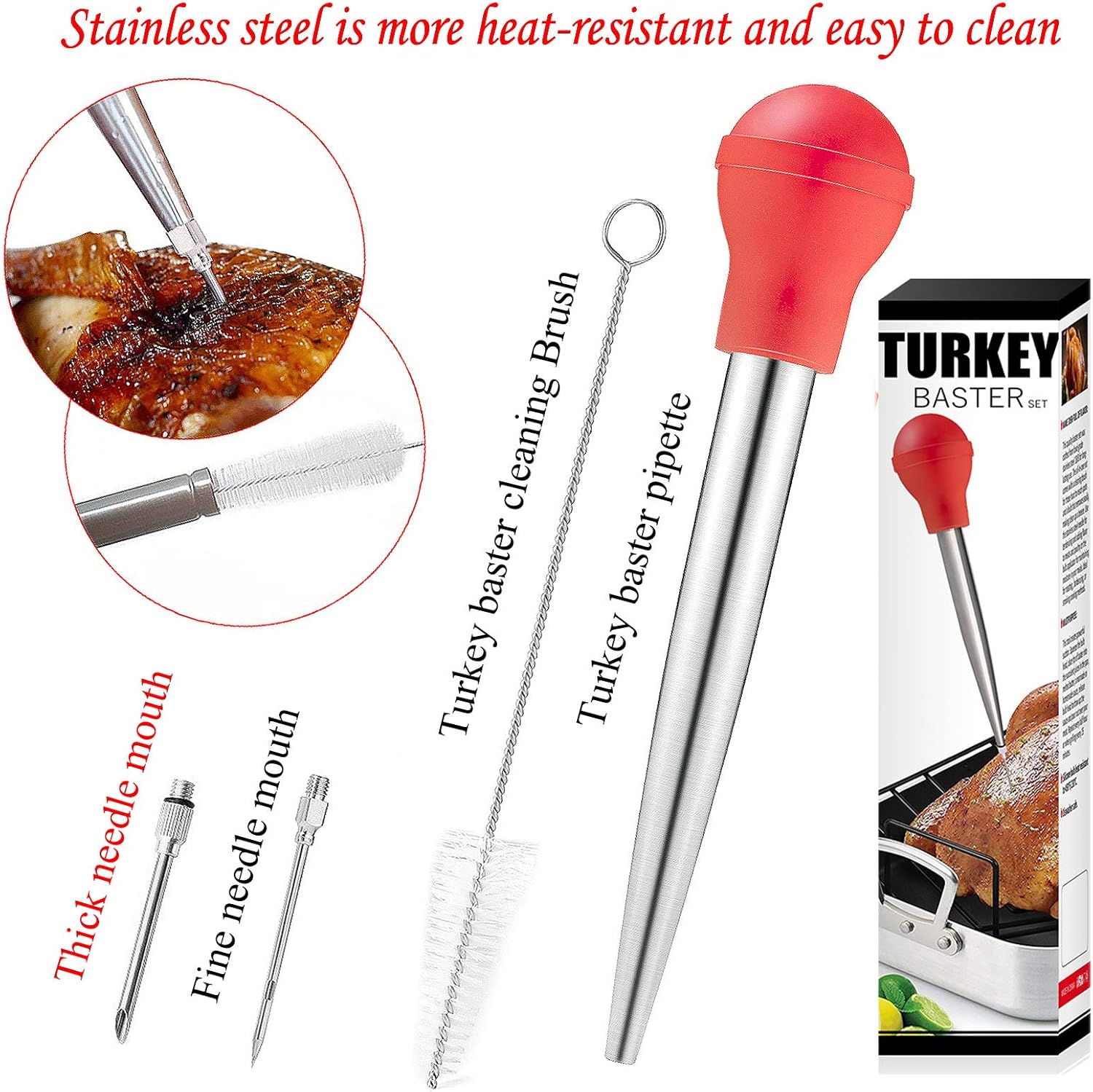Stainless Steel Turkey Baster Set Heat-Resisting Turkey Chicken Baster ...