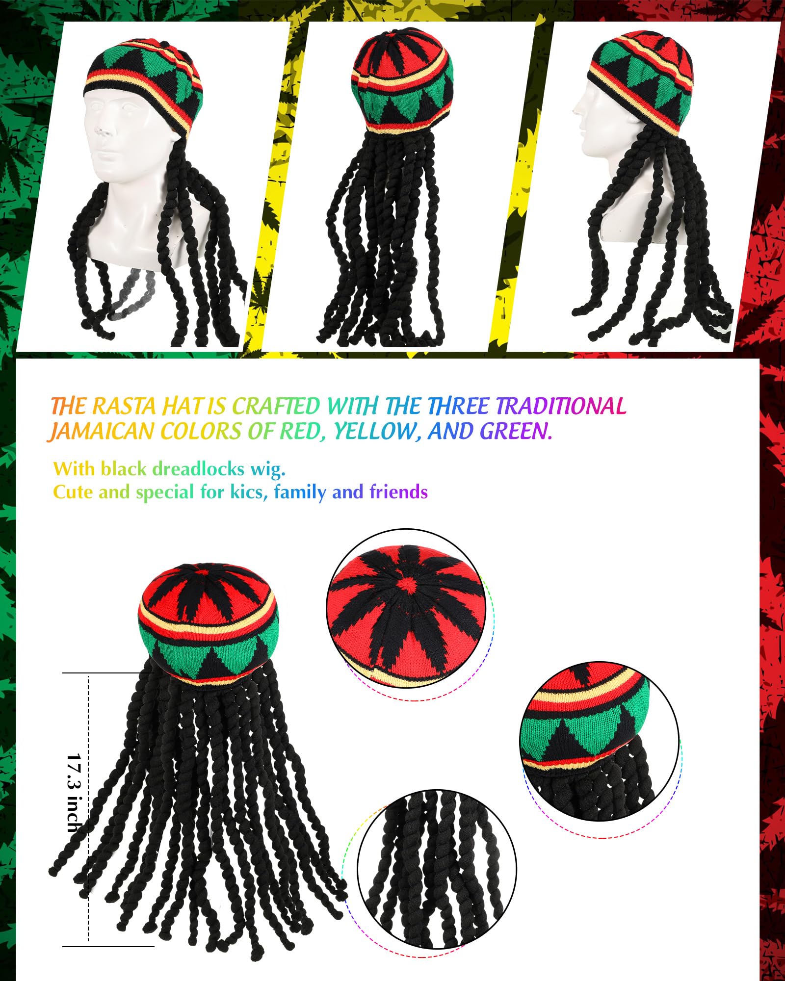 Hestya 3 Pieces Halloween Jamaican Costume Accessories Reggae Jamaican ...