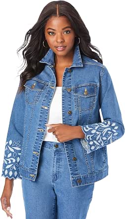 Roaman's Women's Plus Size Embroidered Denim Jacket at Amazon Women's ...