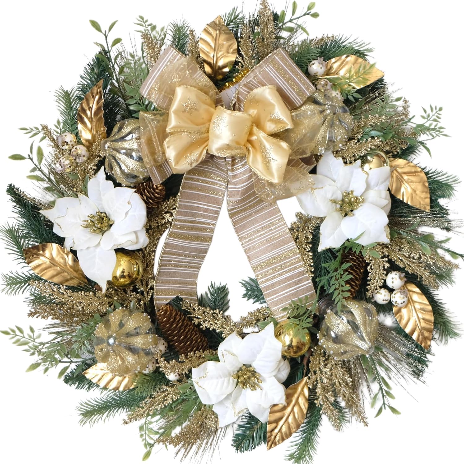 Amazon.com: idyllic Christmas White Gold Poinsettia Wreath 22 Inches ...