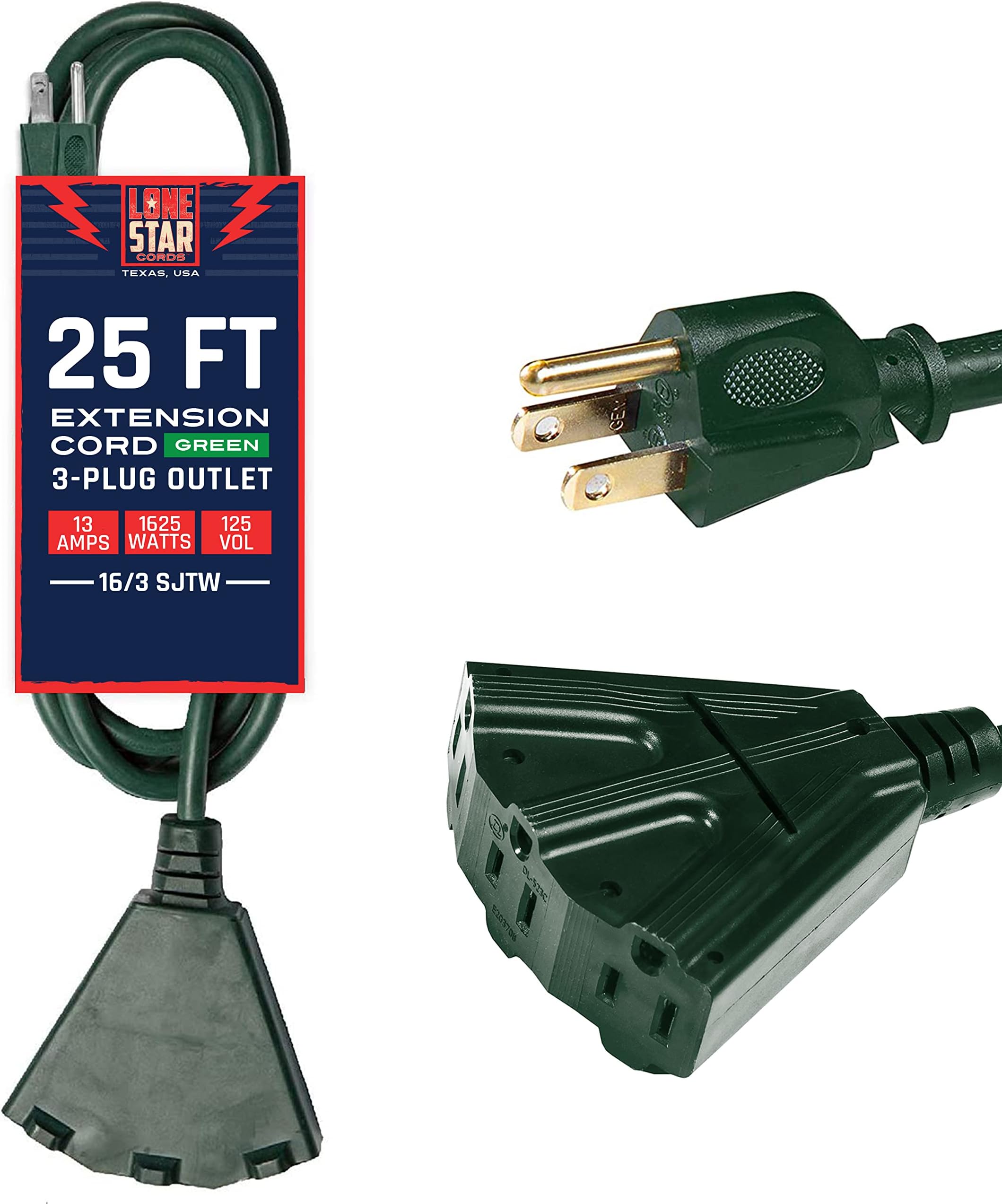Lone Star 3 Outlet Outdoor Extension Cord 25 ft, 16/3 Weatherproof 25 ...