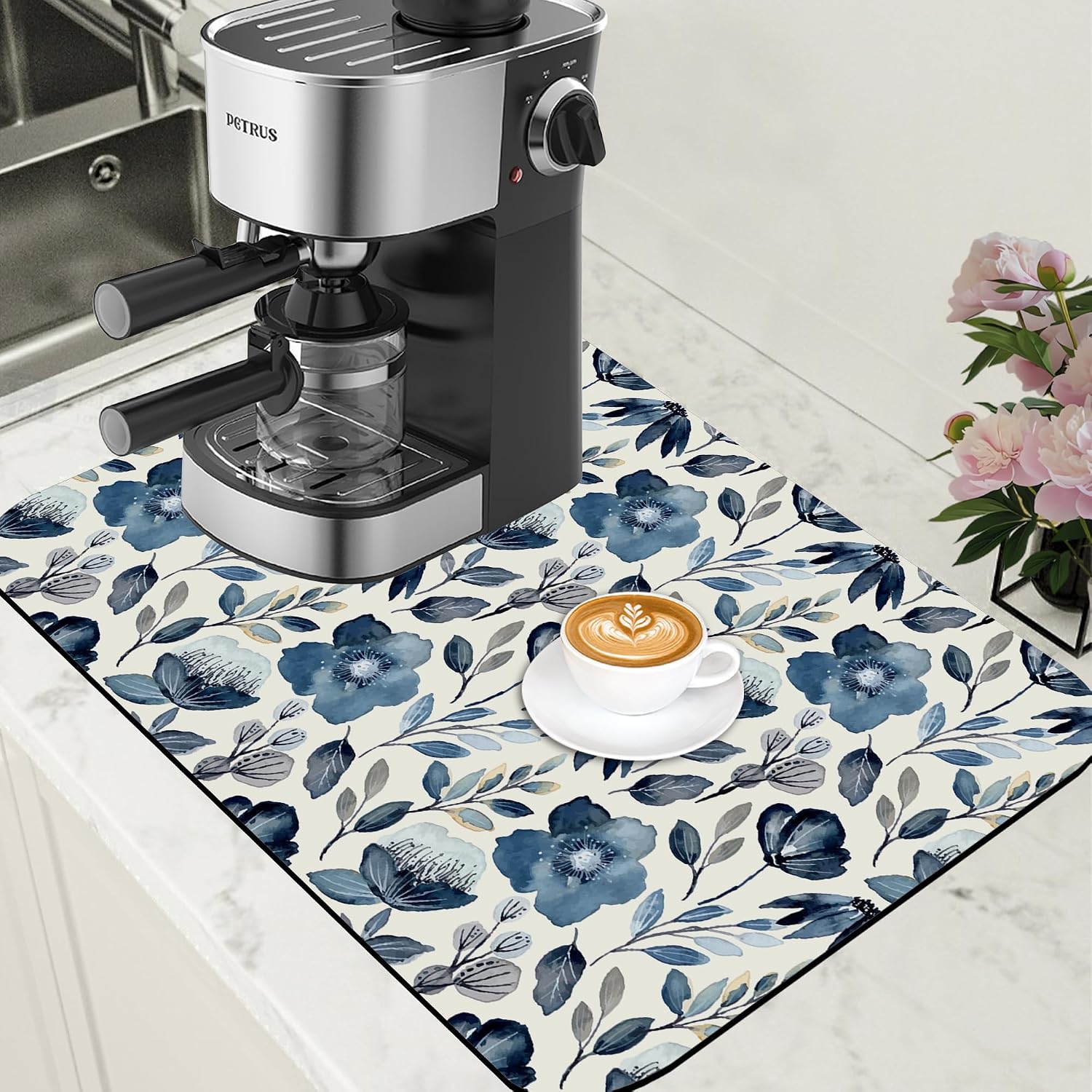 Amazon.com: Blue Flowers Dish Drying Mat for Kitchen Counter Coffee Bar ...