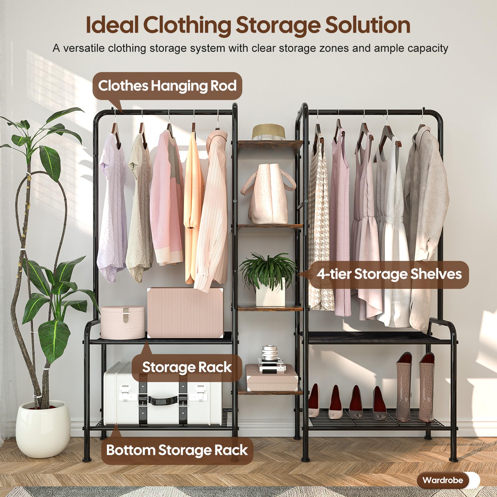 Homde Metal Clothes Rack with Wood Shelves, Clothing Rack for Hanging ...