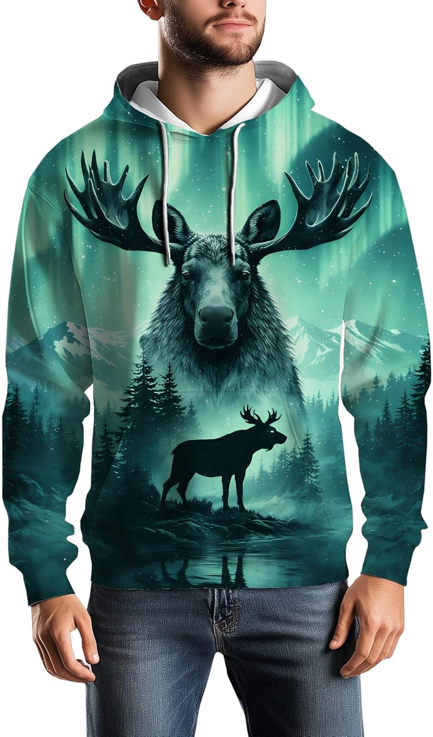 Amazon.com: JBWomen Moose Aurora Northern Wildlife Pullover Hoodie Men ...