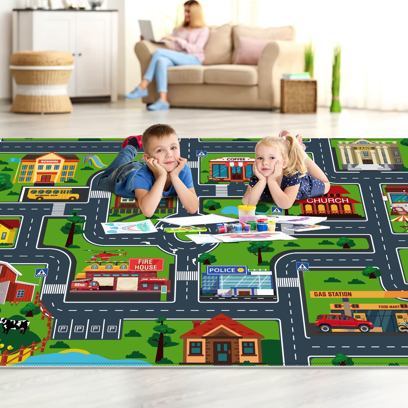 Traffic Road Carpet Kids Car Play Rug - 59x39 Inch Traffic Road Map ...