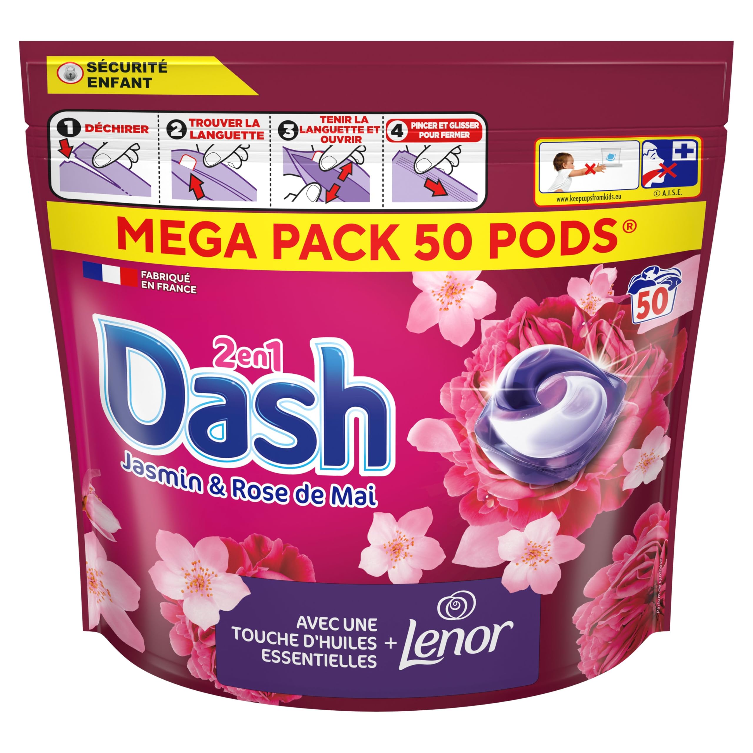 Dash 2-en-1 PODS Lessive Capsules, 50 Lavages, Jasmin et Rose de Mai ...