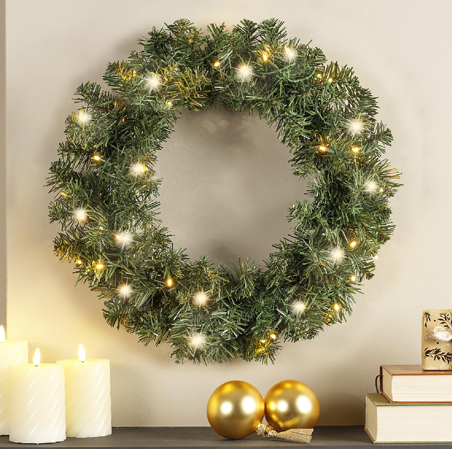 50cm Pre-Lit Wreath Christmas Green Front Door Wreath - with 40 Warm ...