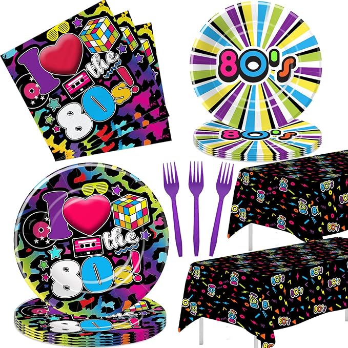 Amazon.com: HIPVVILD 80's Party Decorations Tableware - 80's Theme ...